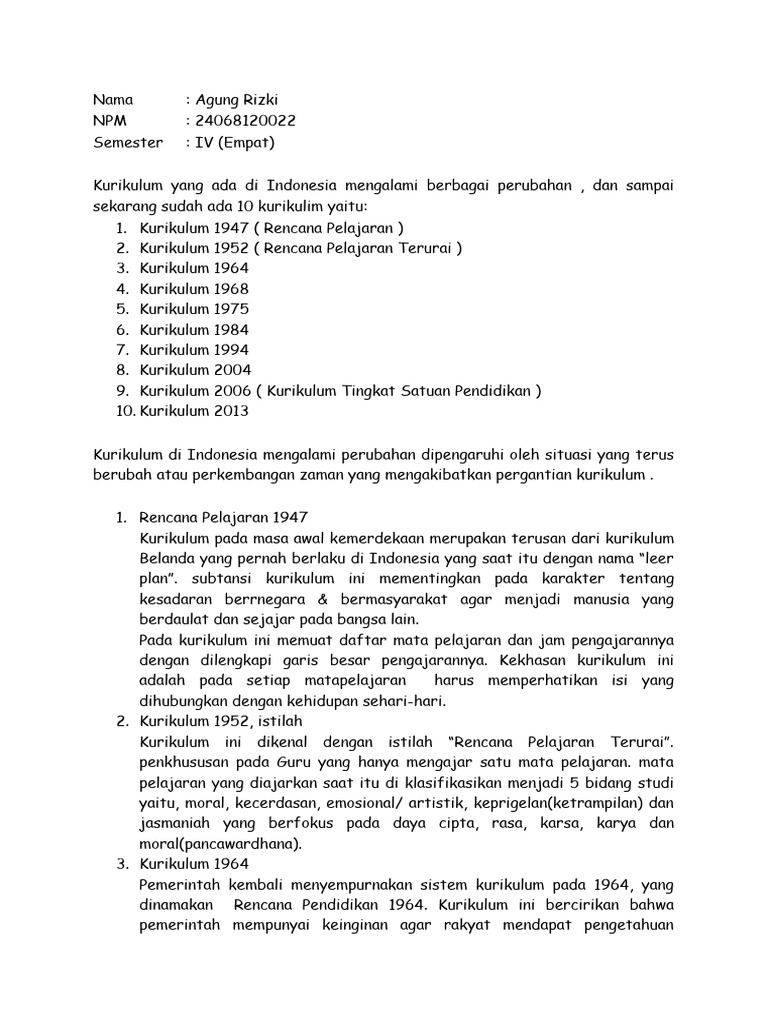 Agung Rizki Perkembangan Kurikulum Di Indonesia | PDF