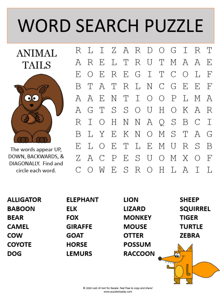 Animal Tails Word Search Puzzle Worksheet | PDF