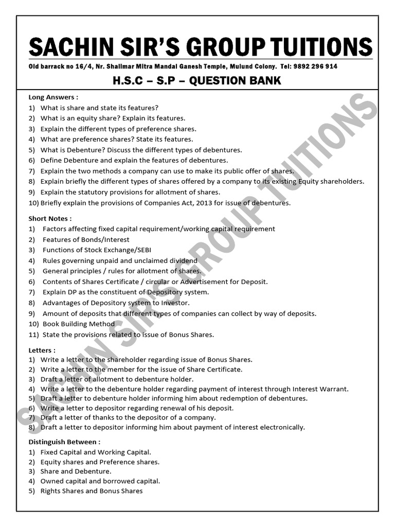 Xii S.P Imp Question Bank | PDF | Financial Capital | Stocks