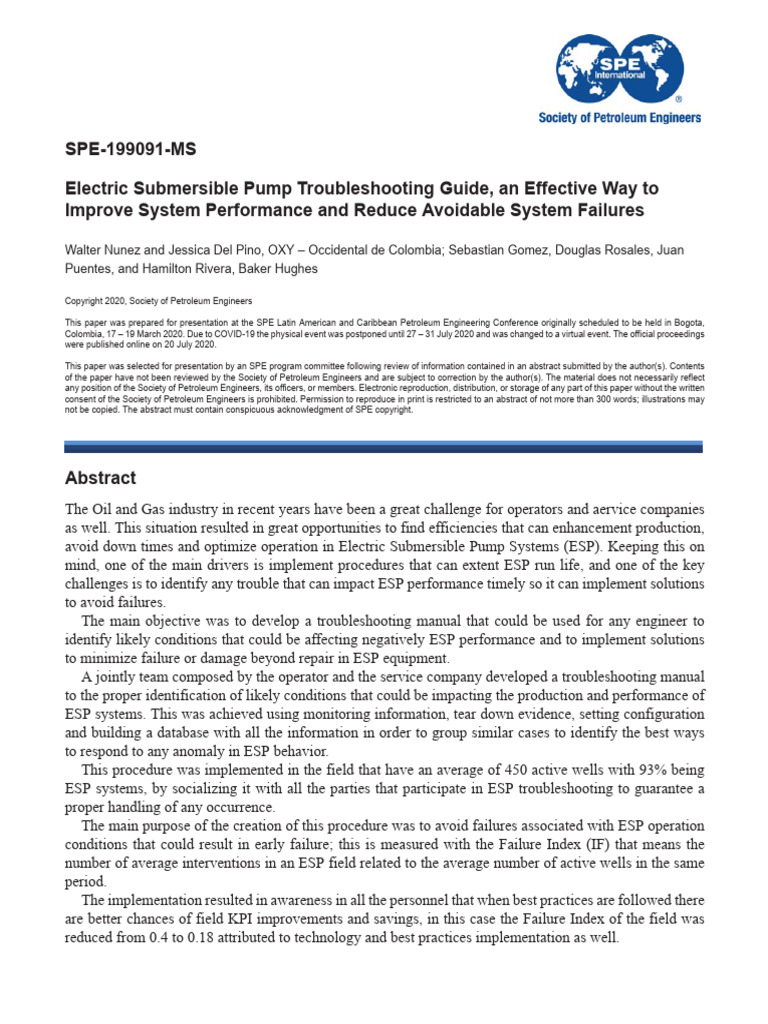 SPE-199091-MS, Electric Submersible Pump Troubleshooting Guide, an Effective Way to Improve ...