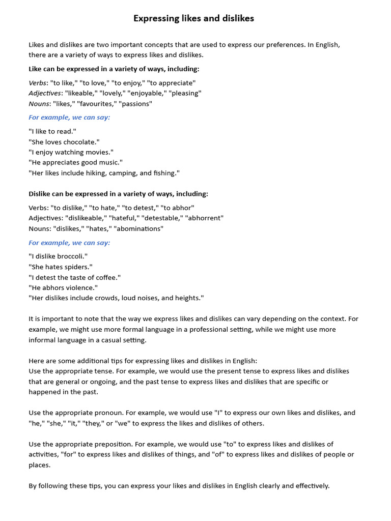 Expressing Likes and Dislikes | PDF