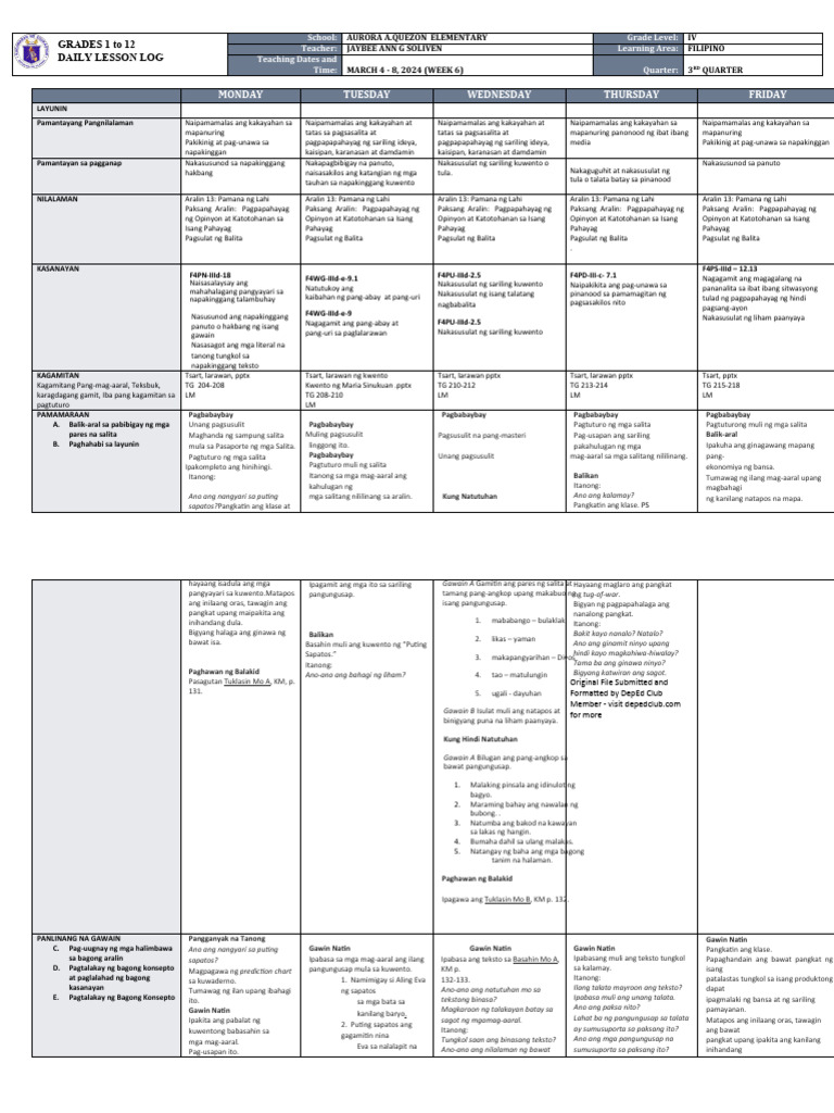DLL - Filipino 4 - Q3 - W6 | PDF