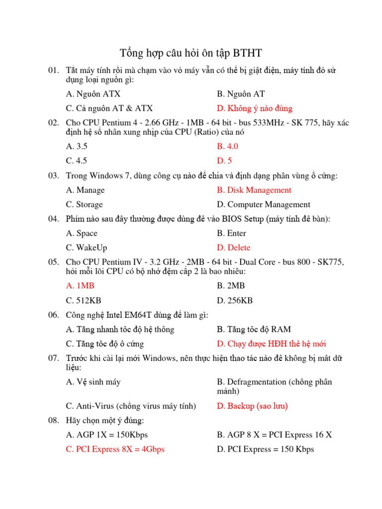 BTHT (Đáp Án) | PDF