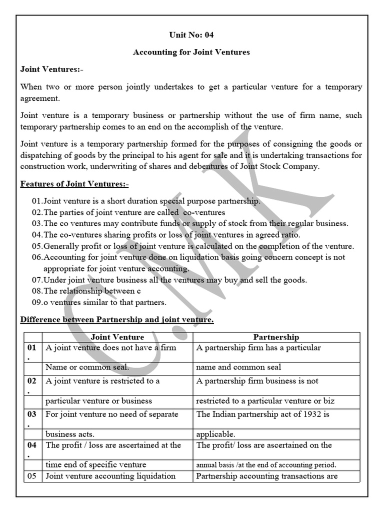 Joint Ventures 2nd Sem Bcom | PDF | Debits And Credits | Partnership