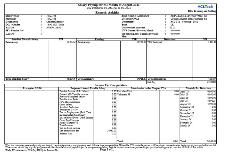 AUG 2023 PaySlip | PDF | Salary | Paycheck