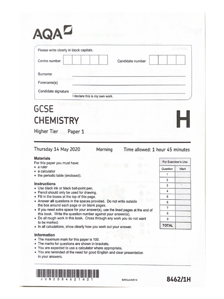 AQA GCSE Chemistry 2020 Higher Paper 1 Model Solutions | PDF
