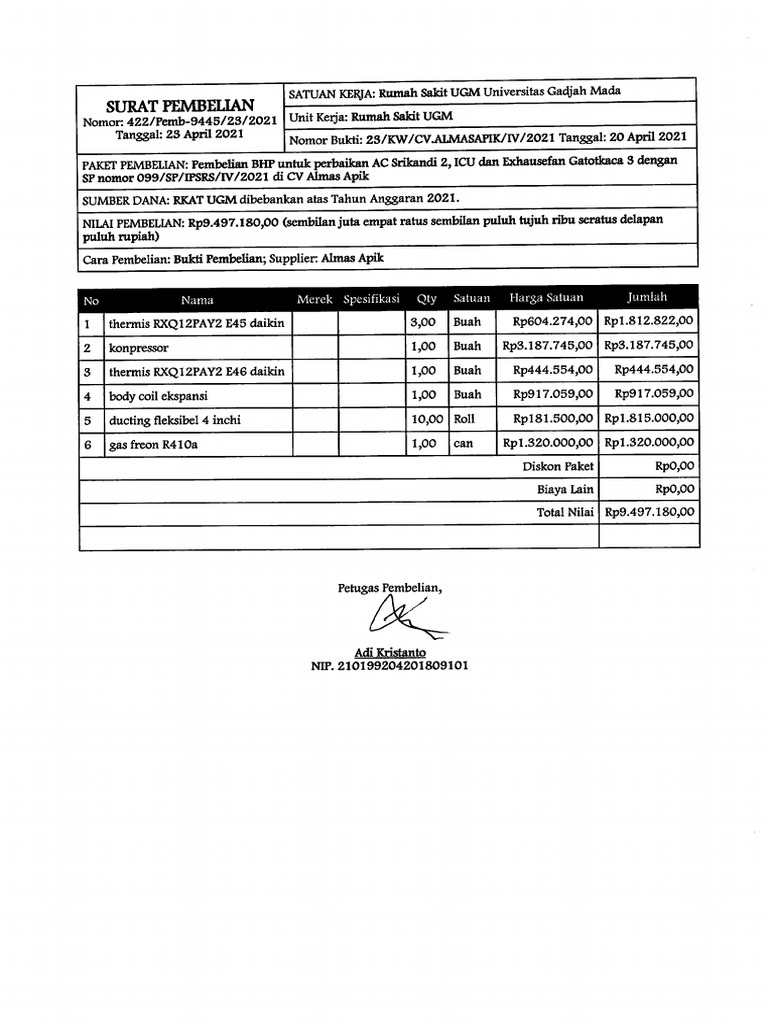 Pembelian BHP Untuk Perbaikan AC Srikandi 2, ICU Dan Exhaustfan Gatotkaca 3 | PDF