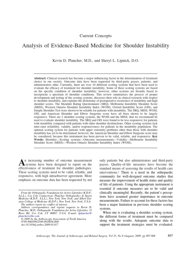 Plancher 2009 Analysis of Evidence-Based Medicine For Shoulder Instability | PDF | Validity ...