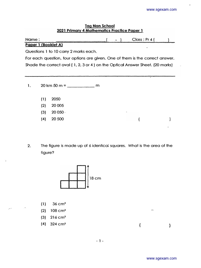 2021-P4-Maths-CA1-Tao Nan | PDF | Teaching Methods & Materials