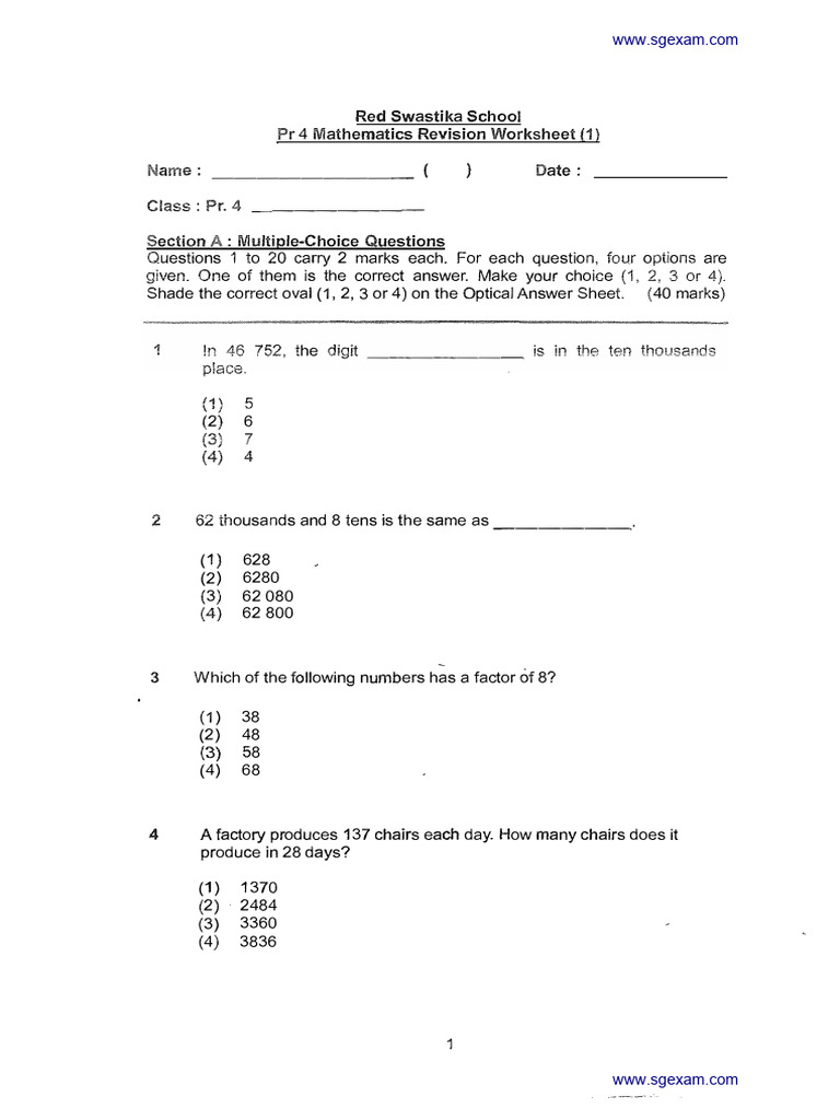 Pr 4 Math Revision Worksheet | PDF