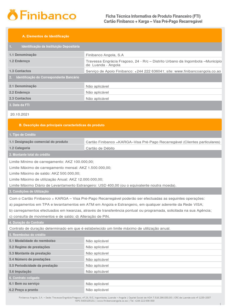 Ficha Tecnica Informativa de Produto Financeiro Fti Cartão Finibanco Plus Karga Visa Pré Pago ...