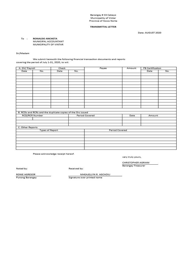 Barangay Transmittal Letter Sample | PDF