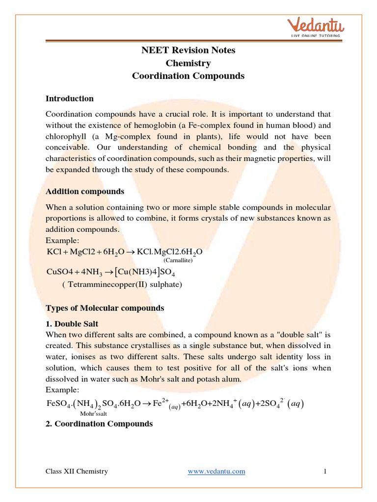 Coordination Compounds Class 12 Notes NEET Chemistry (PDF) | PDF ...