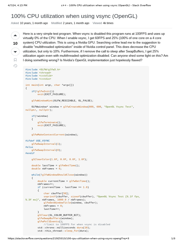C 100 Cpu Utilization When Using Vsync Opengl Stack Overflow 