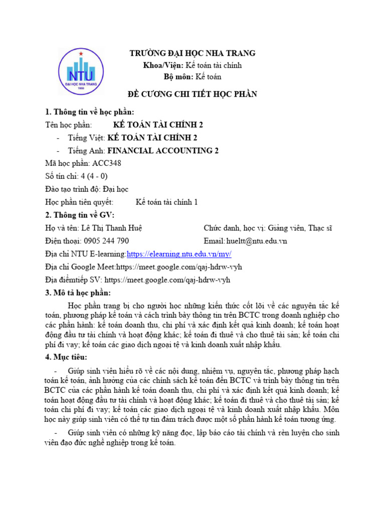 Đề cương chi tiết học phần KTTC2 - 62KT | PDF