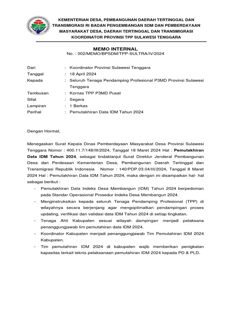 Pemutahiran Data IDM 2024 | PDF