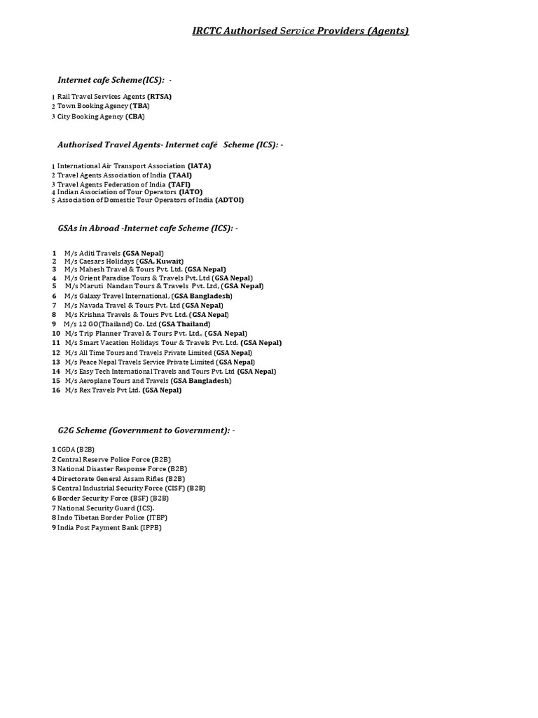 IRCTC Authorised Principal Service Providers | PDF