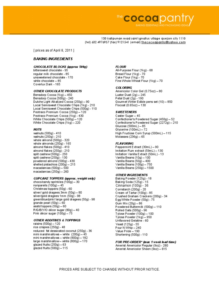 The Cocoa Pantry - Price List | PDF | Muffin | Chocolate