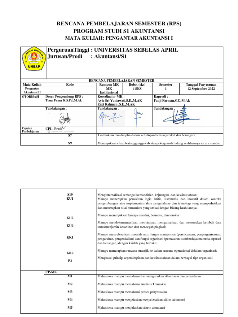 RPS Pengantar Akuntansi I | PDF