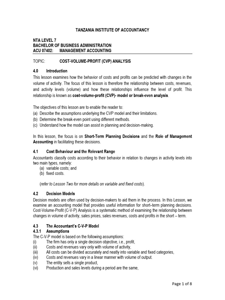 Cost Volume Profit Analysis Guide Pdf Business Economics