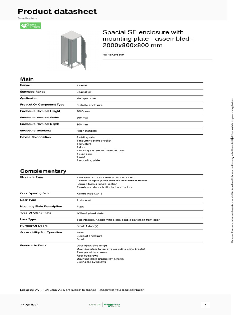 Spacial SF Enclosure NSYSF20880P Specs | PDF | Door | Sustainability
