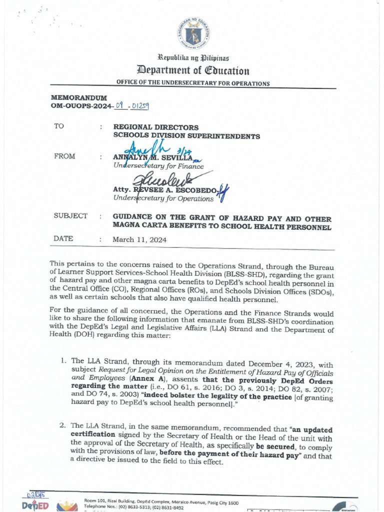 D2845 Memo To RO SDS Guidance On The Grant of Hazard Pay Etc | PDF