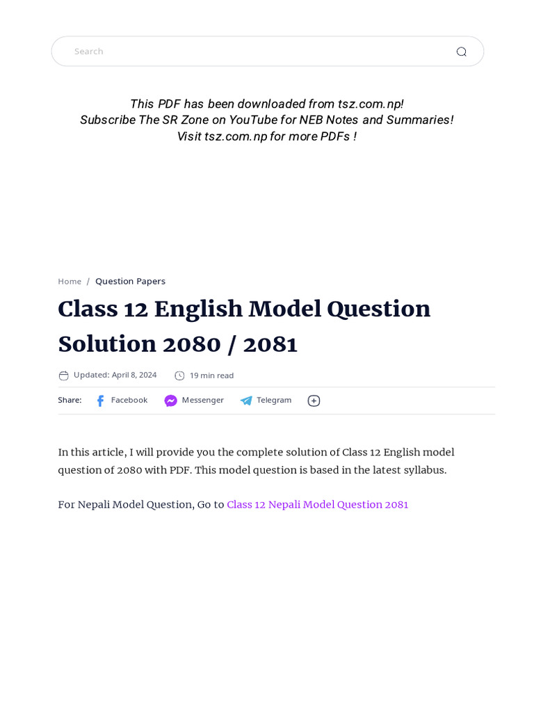 Class 12 English Model Question Solution 2080 - 2081 - The SR Zone | PDF | Knowledge ...