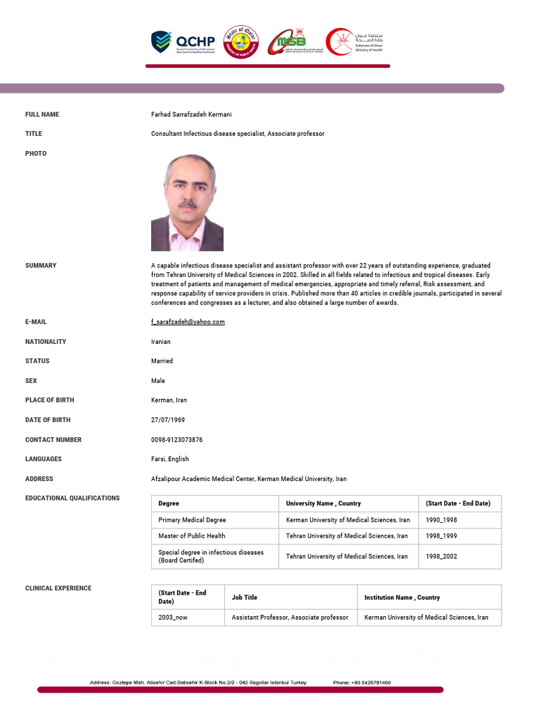 Resume - Farhad Sarrafzadeh Kermani | PDF | Infection | Hospital Acquired Infection