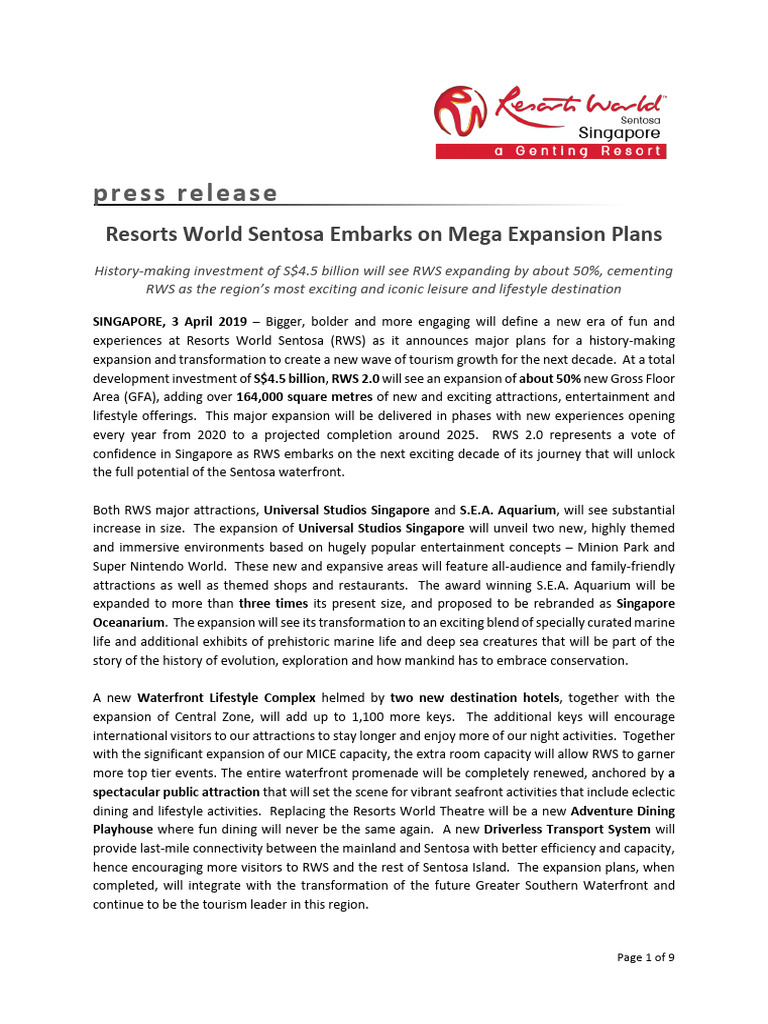 RWS 2.0: S$4.5B Expansion Plans | PDF | Earth Sciences