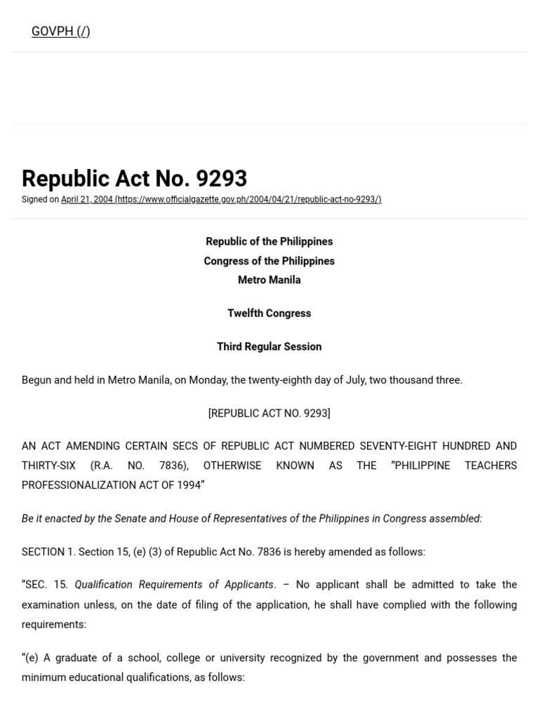 Republic Act No. 9293 | PDF | Teachers | Academic Degree