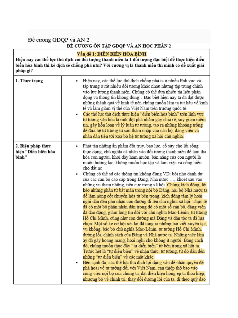Đề cương GDQP và AN 2 bản 2 | PDF