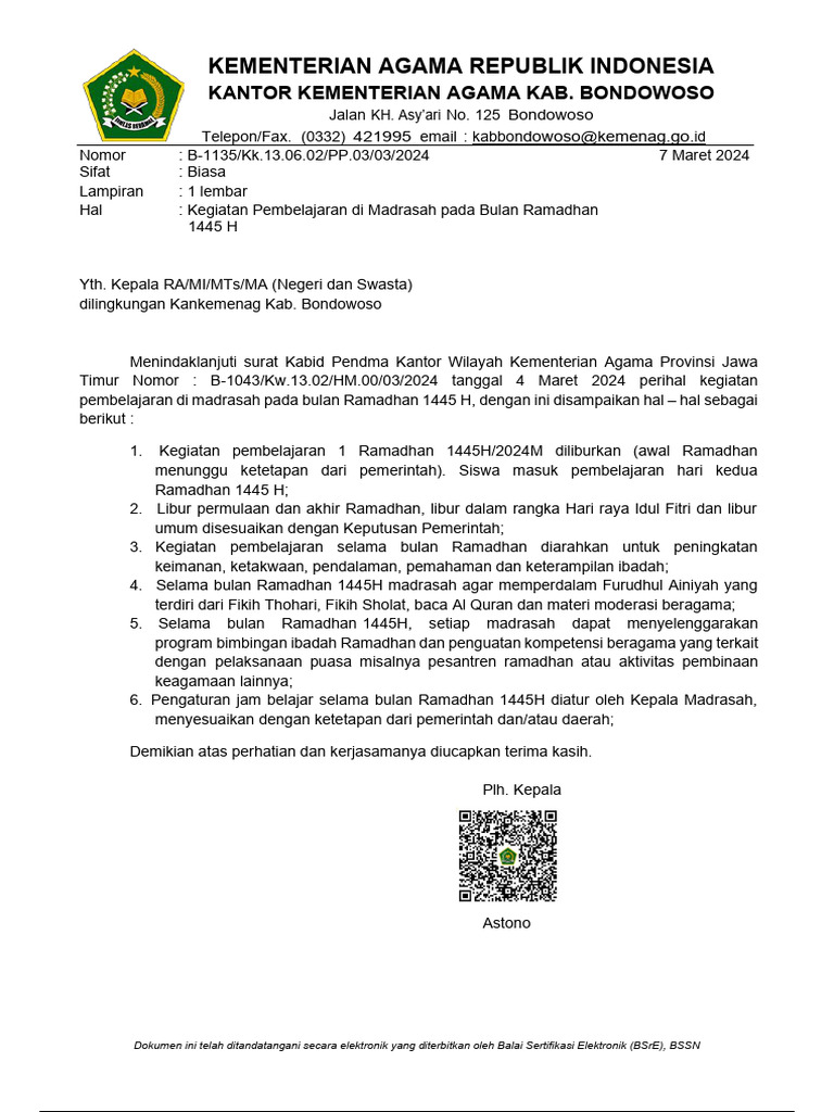 Surat Kegiatan Pembelajaran Madrasah Bulan Ramadhan 1445H | PDF