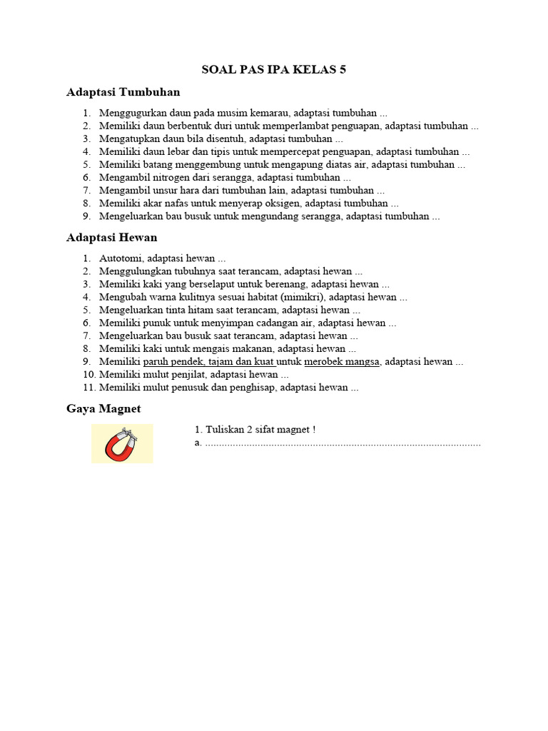 Soal Pas Ipa Kelas 5 Lintang | PDF | Sains & Matematika