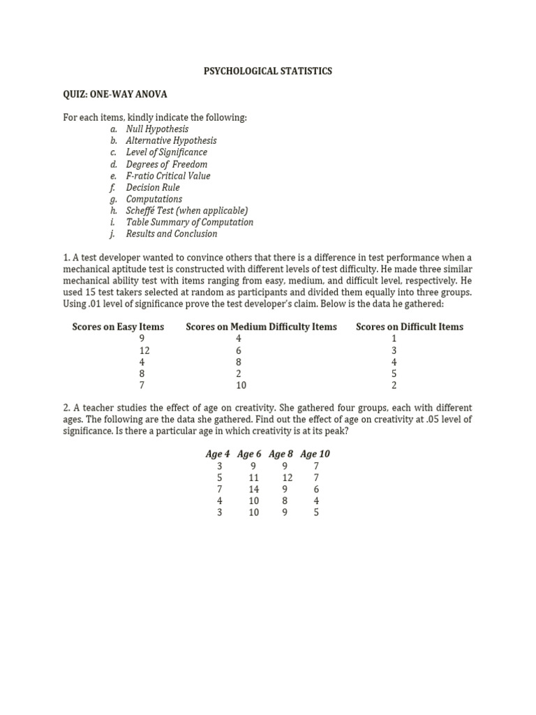 Quiz On One-Way Anova | Download Free PDF | Scientific Method | Statistics