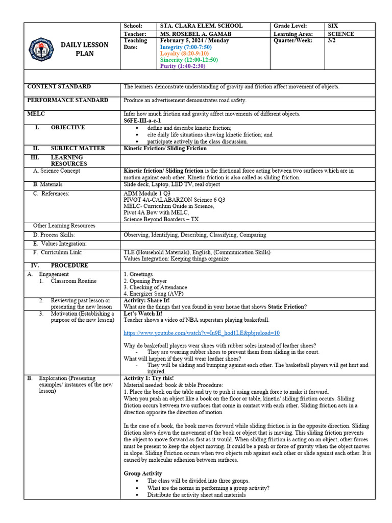 DLP SCIENCE Q3 W1 DAY 3 Kinetic Friction | PDF | Friction | Force