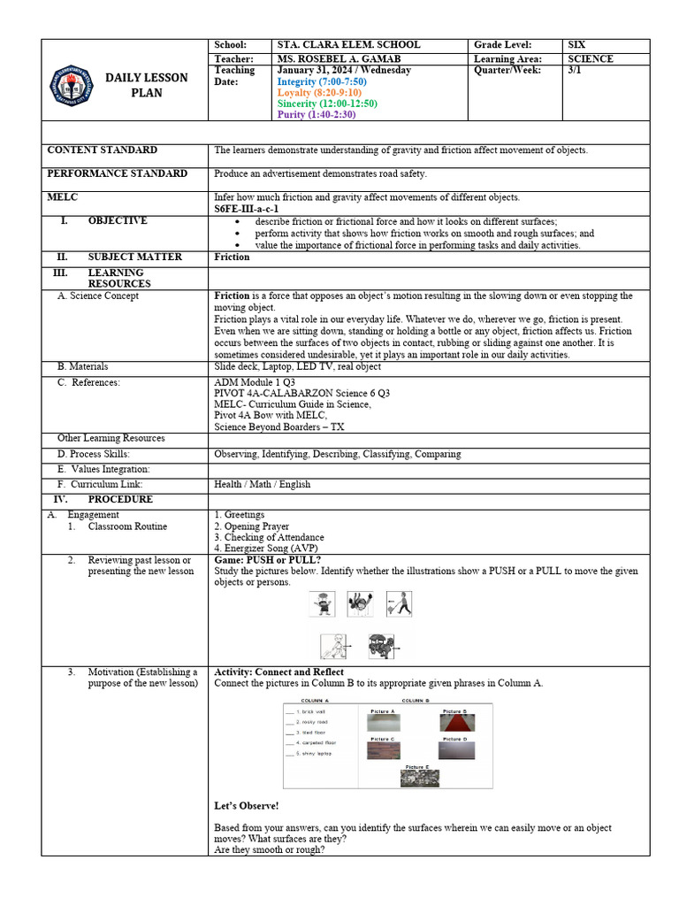 DLP SCIENCE Q3 W1 DAY 1 Friction | PDF | Friction | Force DLP SCIENCE Q3 W1 DAY 1 Friction | PDF | Friction | Force
