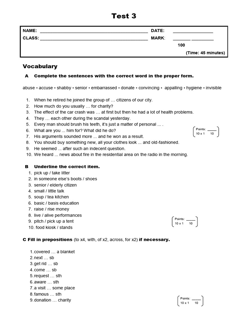Vocabulary and Grammar Test for Seniors | PDF