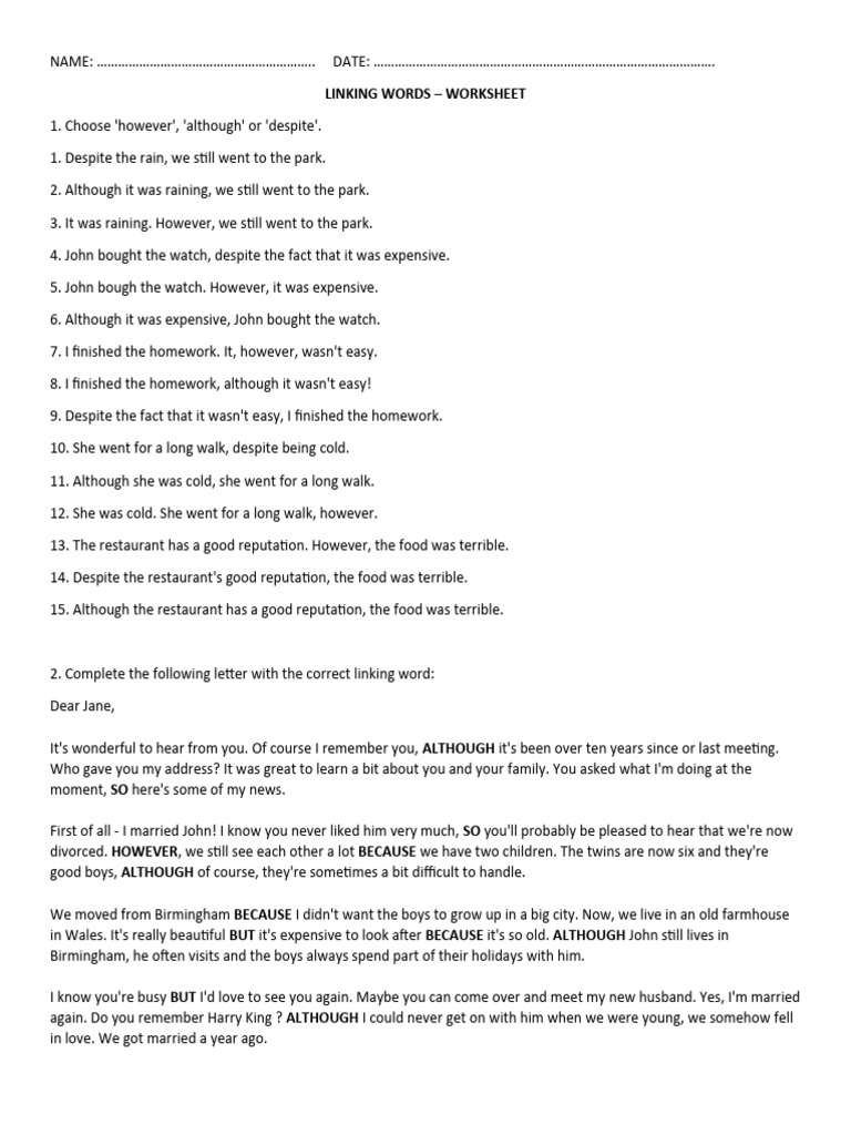 LINKING WORDS – WORKSHEET with answers | PDF