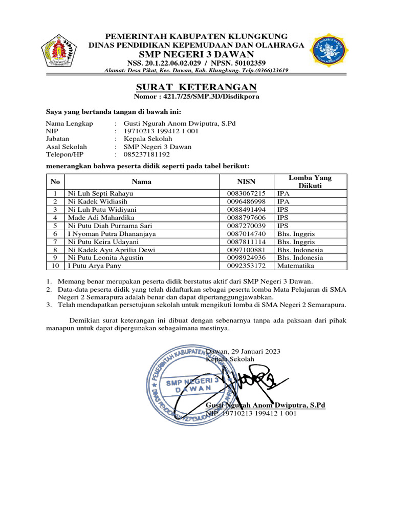 Surat Keterangan Lomba Mapel Di Sman 2 Semarapura 2024 | PDF