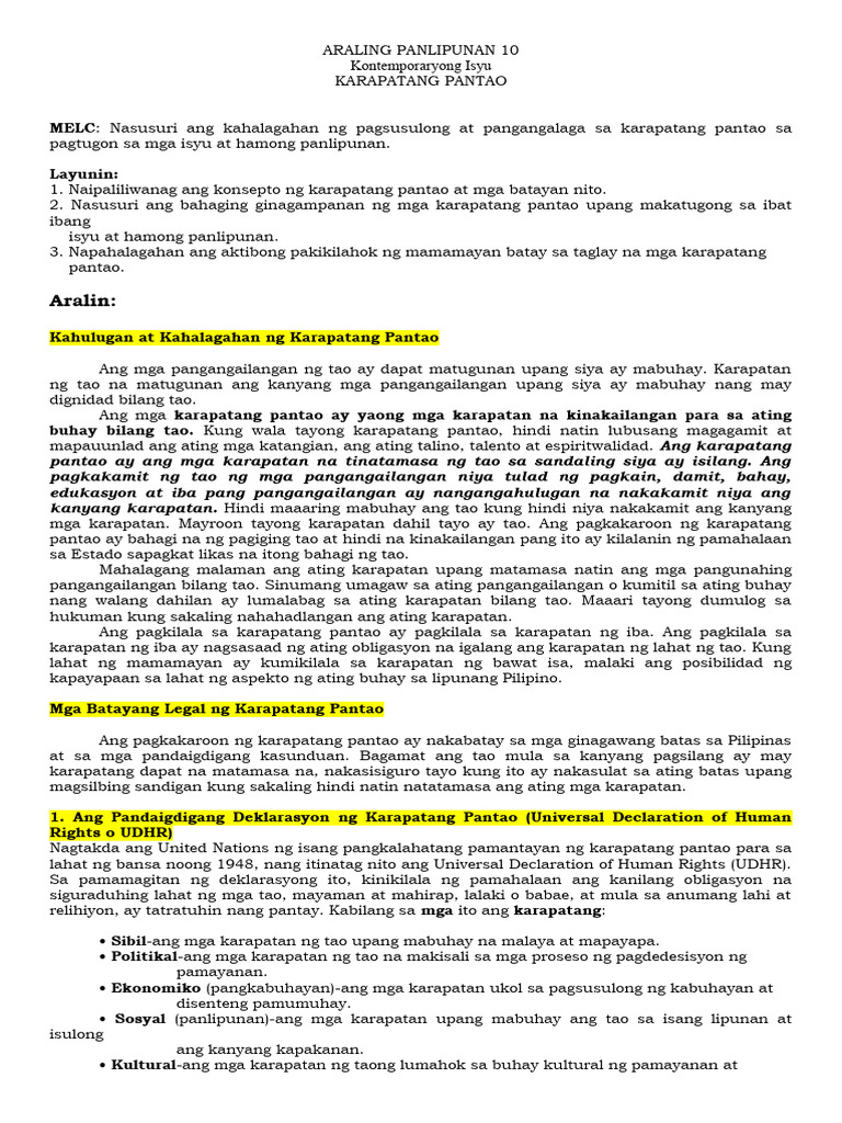 AP 10 Karapatang Pantao | PDF