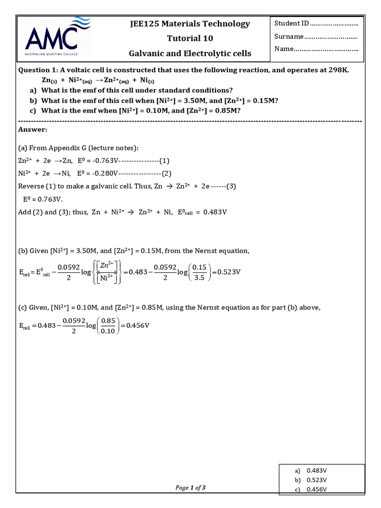 Voltaic Cell Emf Calculations and Analysis | PDF | Electromagnetism | Applied And ...