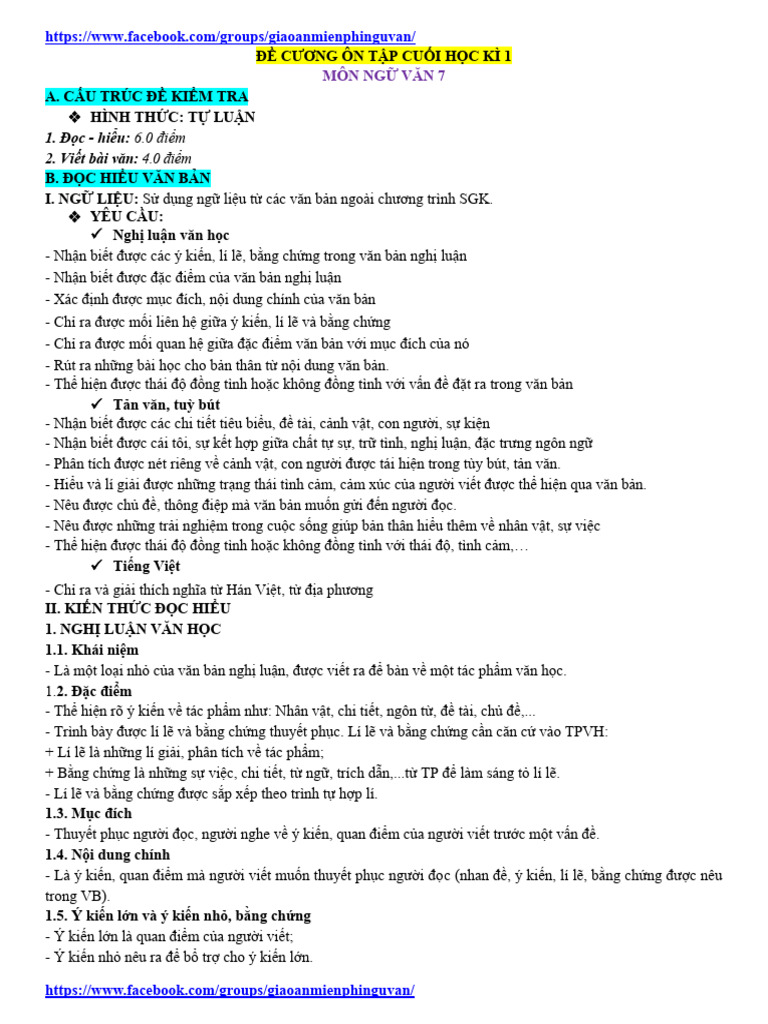 De Cuong On Tap HK1 Ngu Van 7 CTST 23 24 | PDF