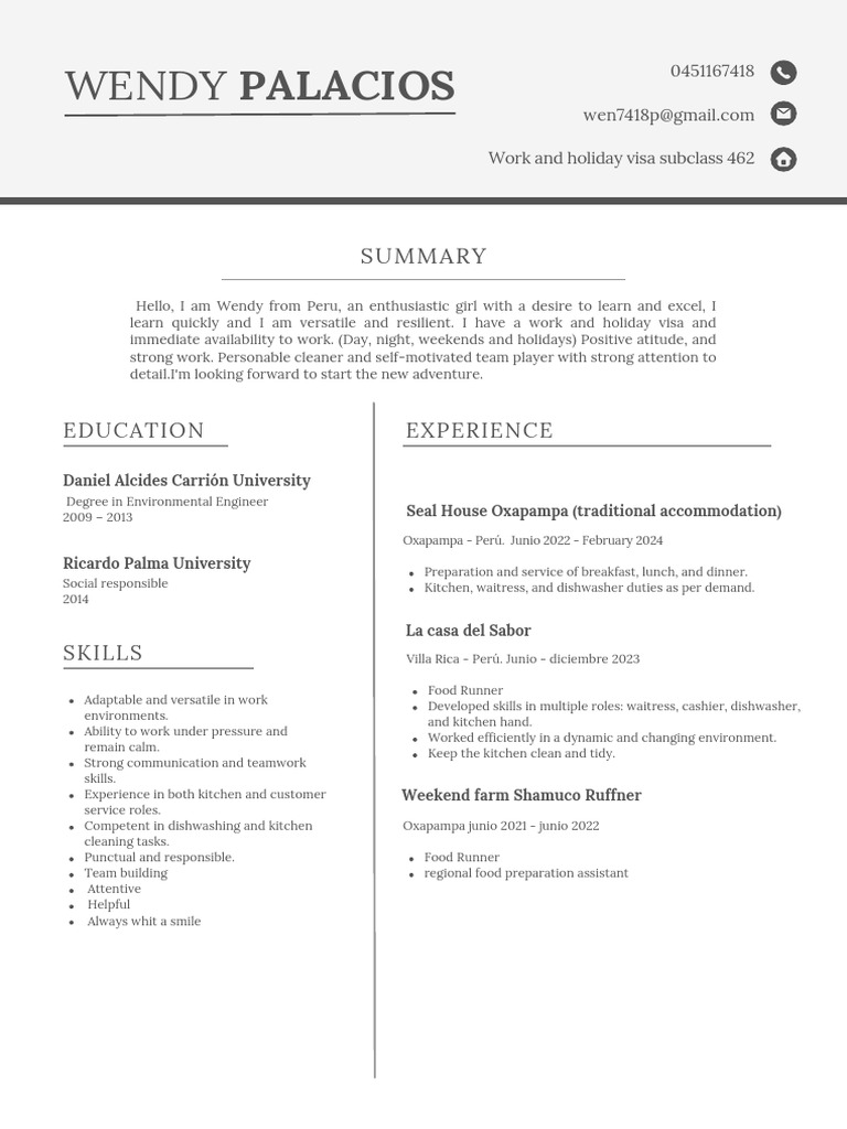 Wendy's Working Holiday Resume | PDF