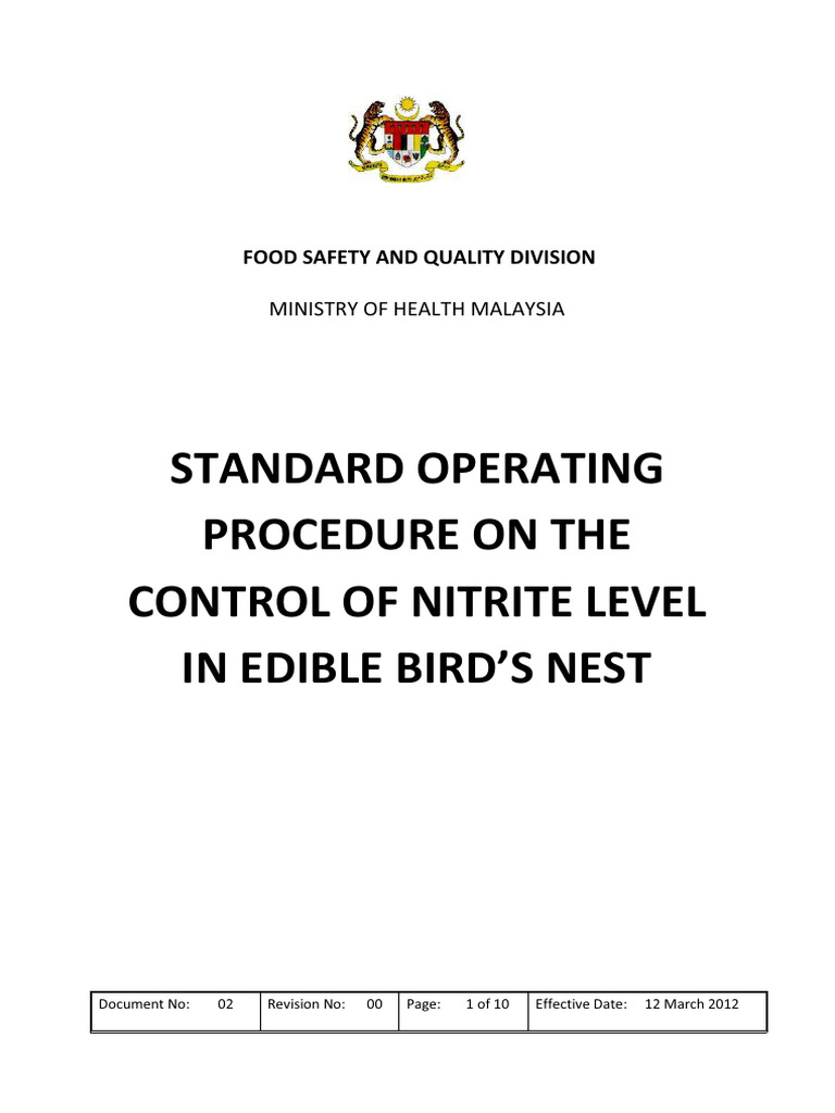SOP Edible Bird Nest Nitrite-12032012 | PDF | Food Safety | Water