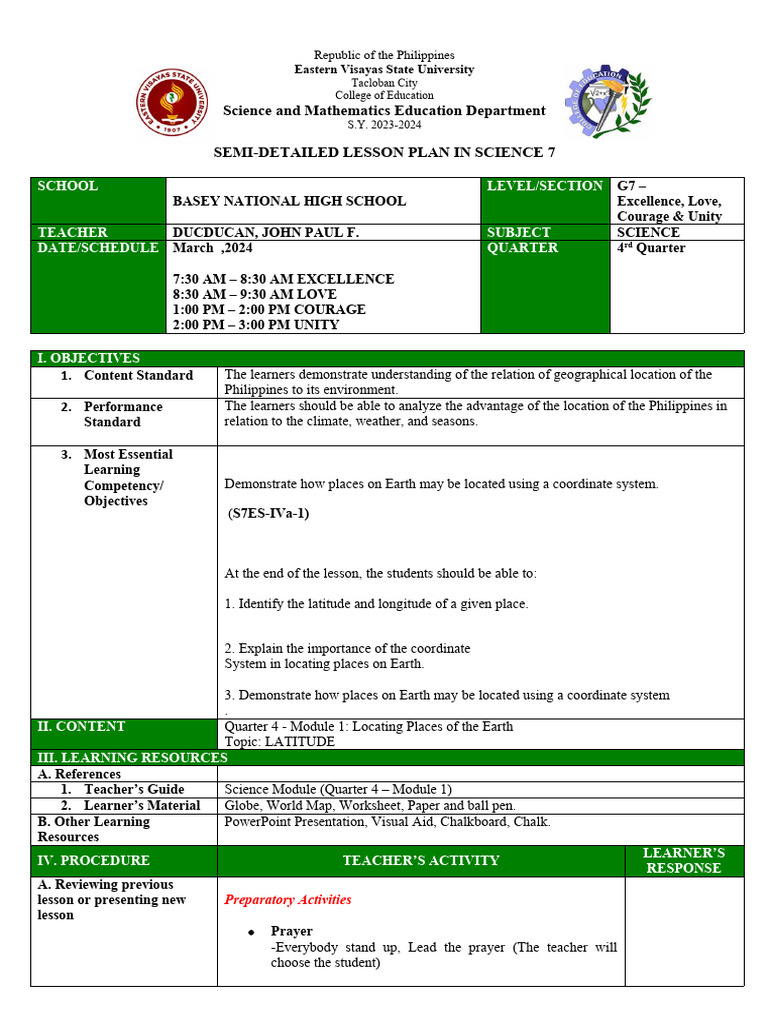 Science 7 Lesson Plan: Latitude Concepts | PDF | Equator | Latitude