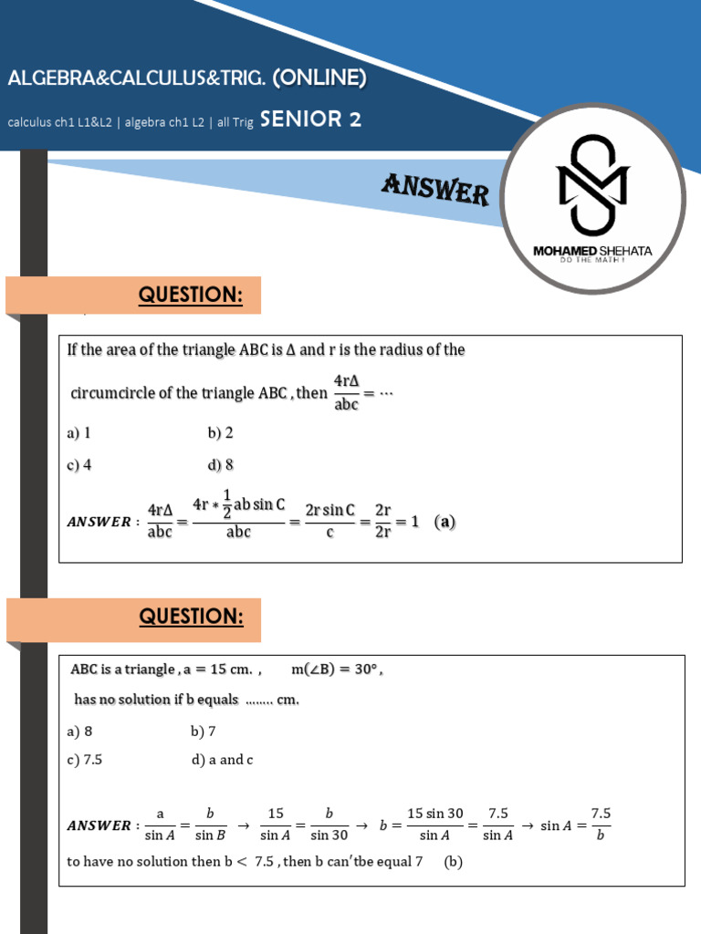 Algebra, Claculus, Trig Exam Online-1 | PDF | Triangle | Trigonometry