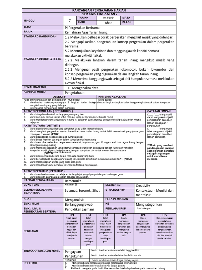 RPH SMK Minggu 7 PJPK Tingkatan 2 2024-2025 by Cikgu Gorgeous | PDF