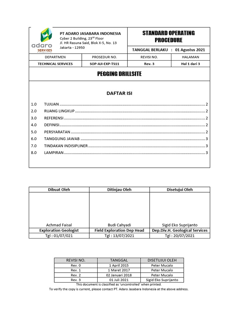 SOP-AJI-EXP-TS11 - Pegging Drillsite - Rev3 | PDF