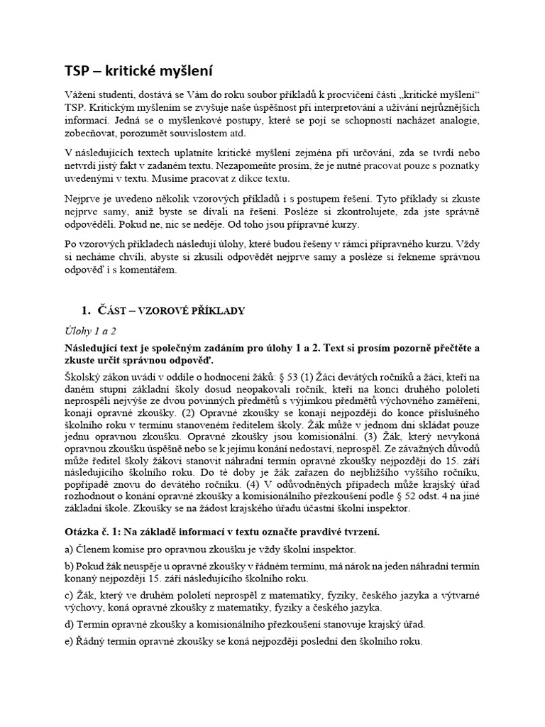 TSP Kritické Myšlení - Řešení - PF MUNI - 2023-2024 | PDF
