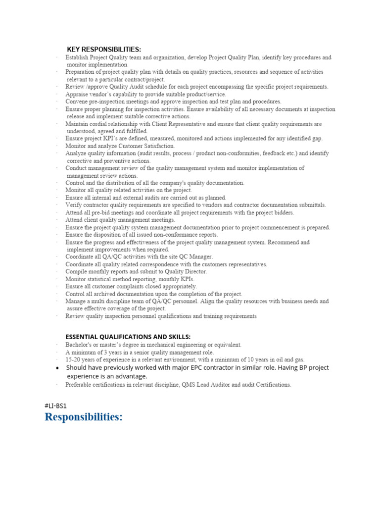 Key Responsibilities | PDF | Audit | Quality Management